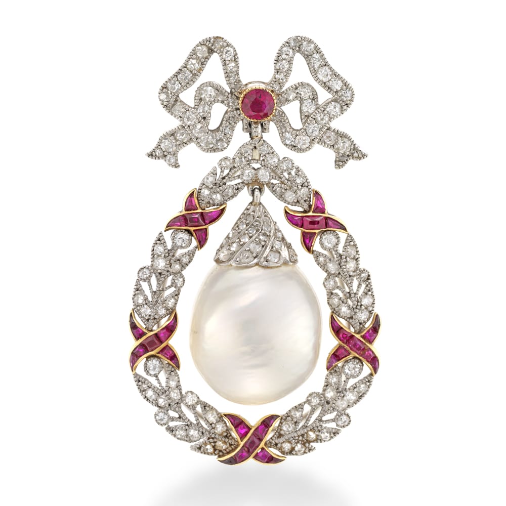 A Belle Epoque natural pearl, ruby & diamond brooch/pendant – Bentley ...