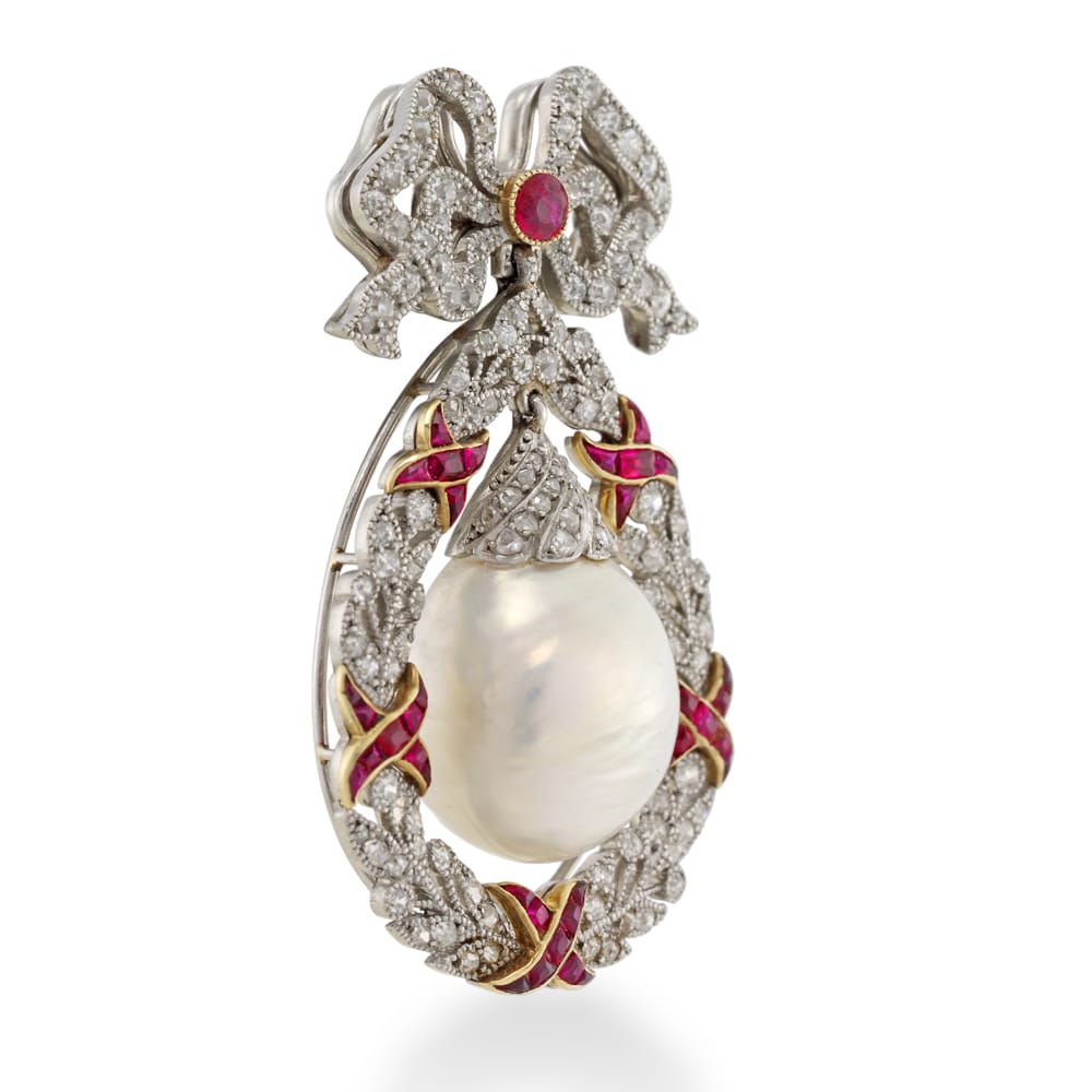 A Belle Epoque natural pearl, ruby & diamond brooch/pendant – Bentley ...
